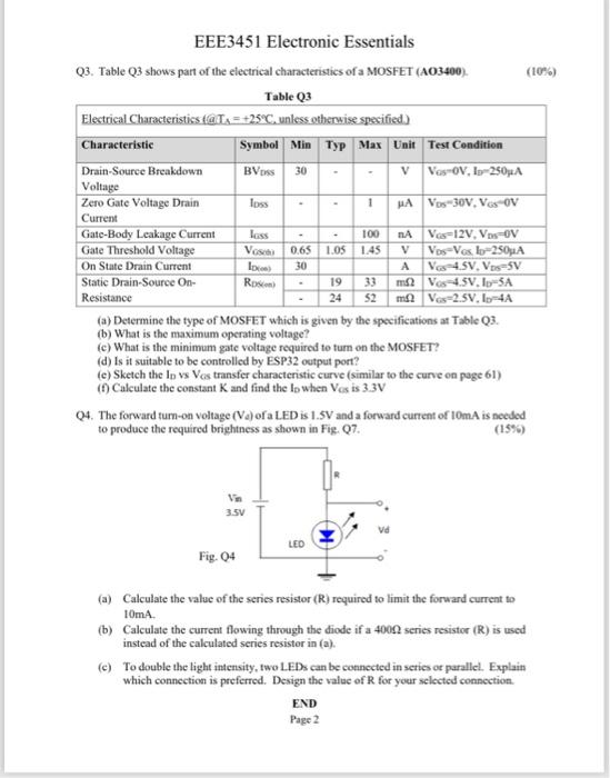 Solved EEE3451 Electronic Essentials Q3. Table Q3 shows part | Chegg.com