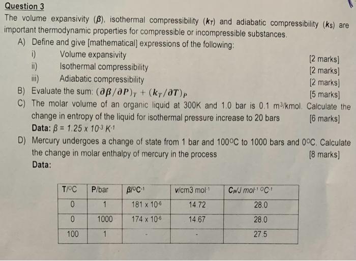 Solved The volume expansivity (β), isothermal | Chegg.com
