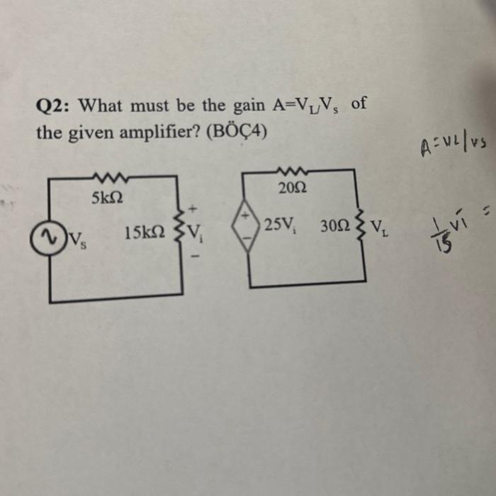 Solved Q2: What must be the gain A=VLVs of the given | Chegg.com
