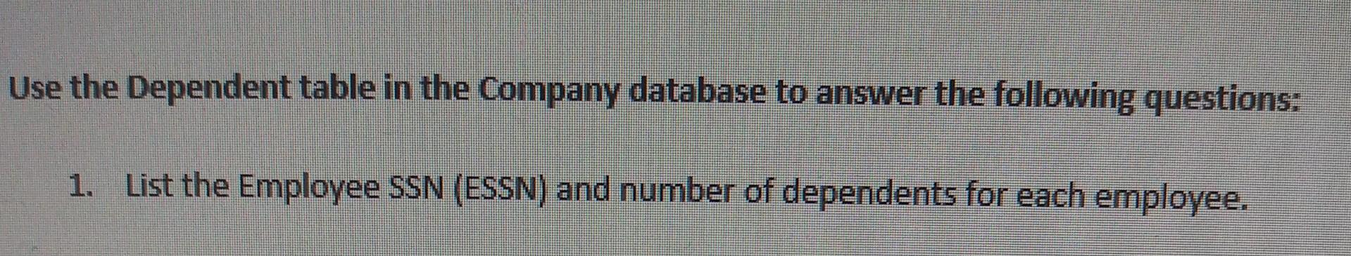Solved Use the Dependent table in the Company database to | Chegg.com