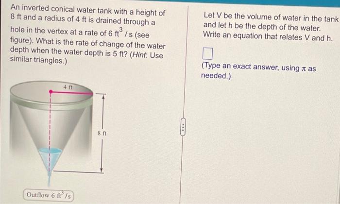 Solved An inverted conical water tank with a height of 8 ft | Chegg.com