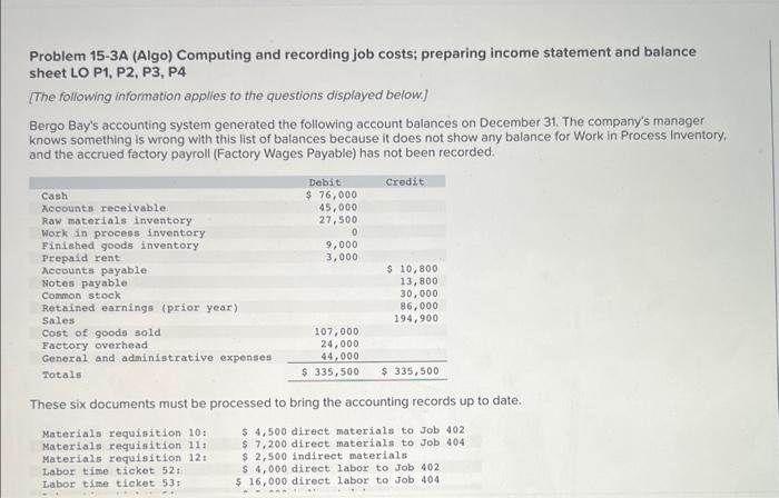 Solved Problem 15-3A (Algo) Computing and recording job | Chegg.com