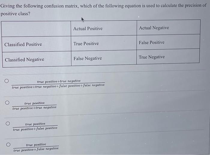 Solved Giving the following confusion matrix, which of the | Chegg.com