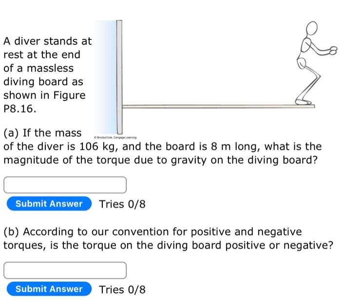 Solved A diver stands at rest at the end of a massless | Chegg.com