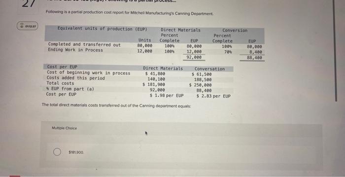 Solved Following is a partial production cost report for | Chegg.com