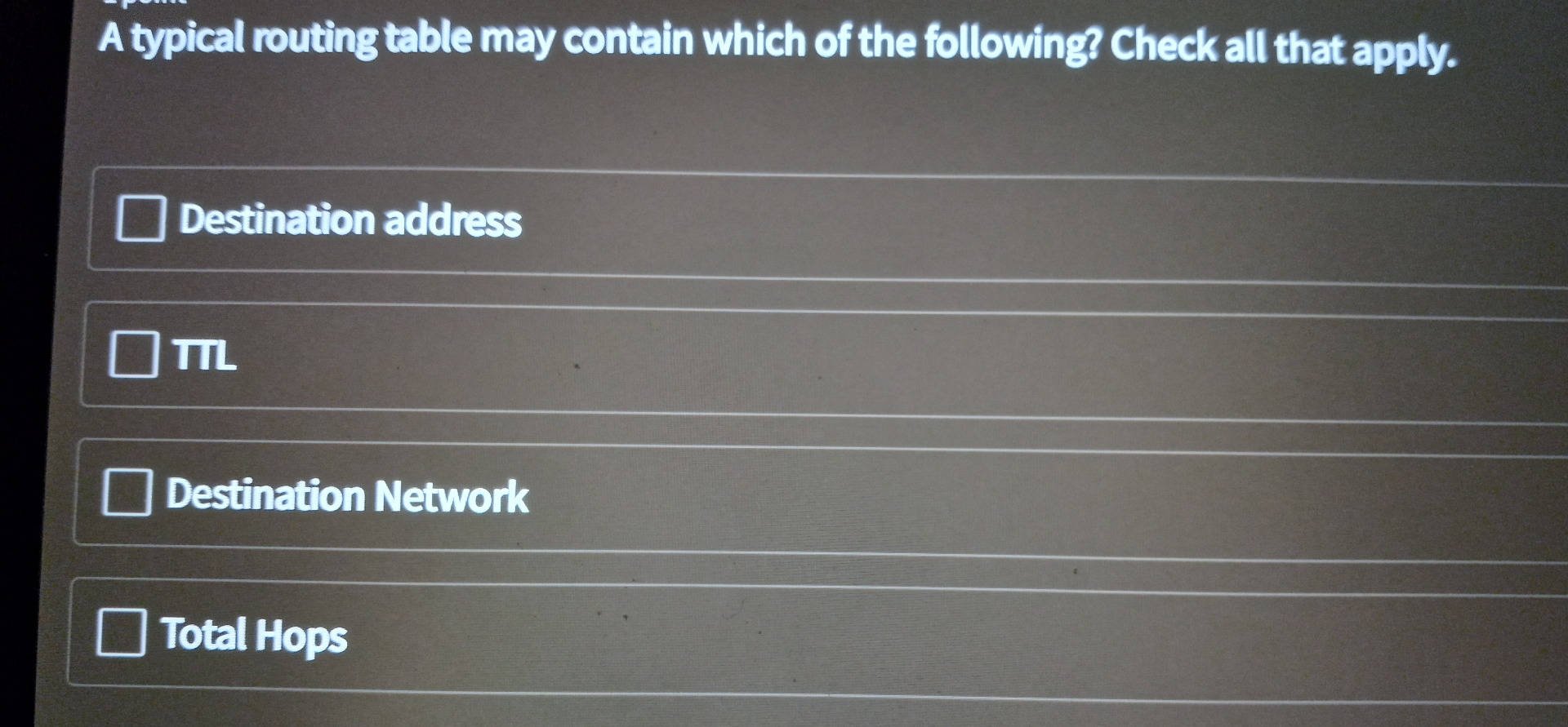 Solved A typical routing table may contain which of the | Chegg.com