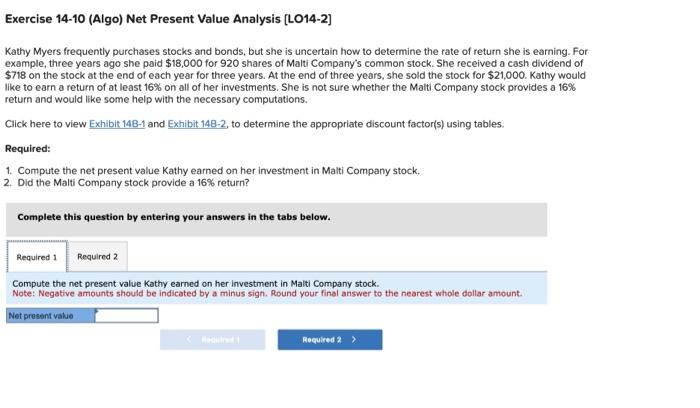 Solved Exercise 14-10 (Algo) Net Present Value Analysis | Chegg.com