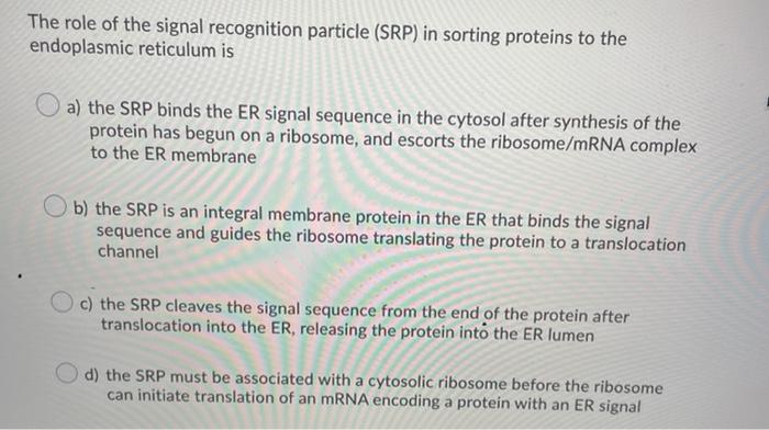 Solved The role of the signal recognition particle (SRP) in | Chegg.com