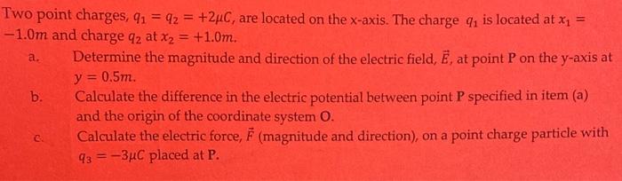Solved Two point charges, q1=q2=+2μC, are located on the | Chegg.com