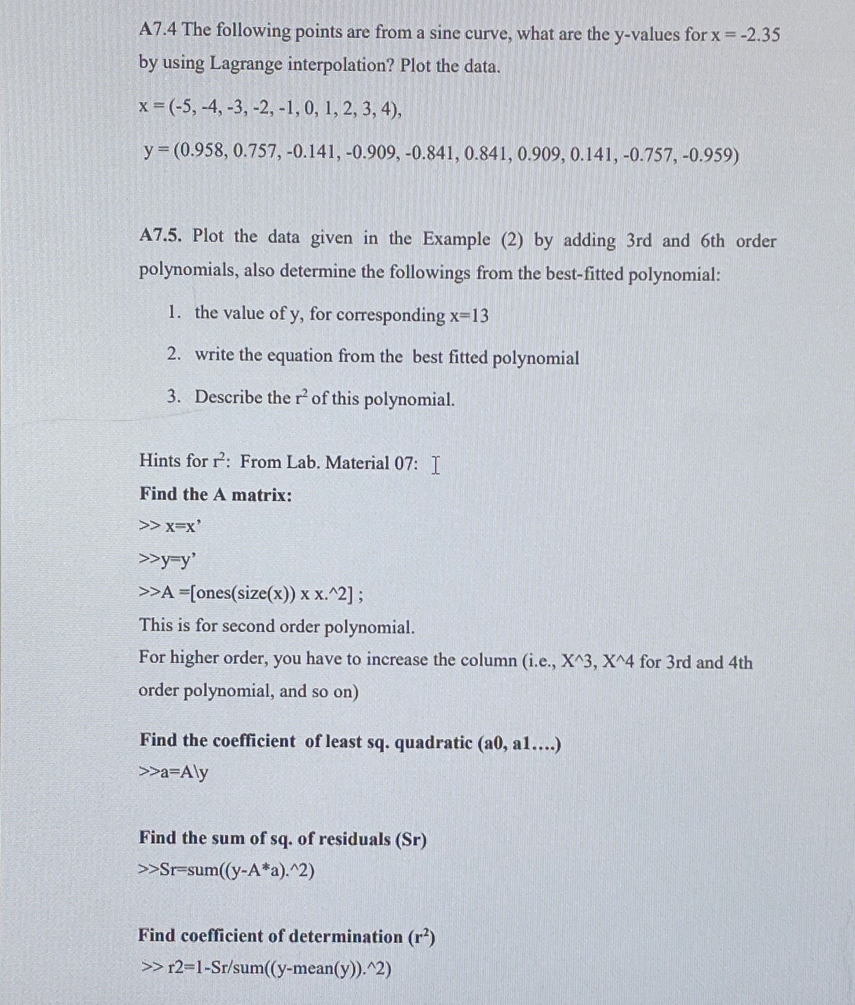 Solved A7.4 ﻿The following points are from a sine curve, | Chegg.com