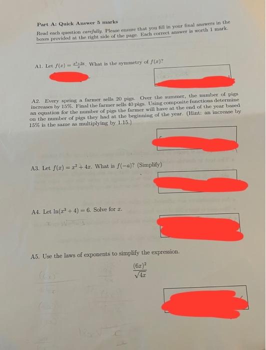 Solved Part A: Quick Answer 5 marks- Read each quention | Chegg.com
