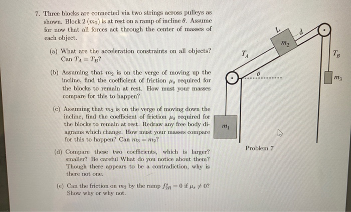 Solved 7. Three blocks are connected via two strings across | Chegg.com Solved 7. Three blocks are connected via two strings across | Chegg.com