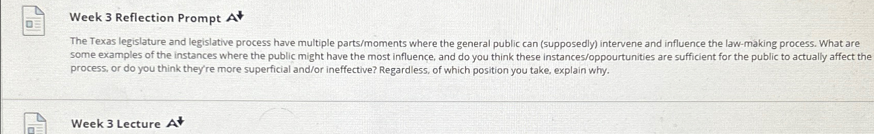 Solved Week 3 ﻿Reflection PromptThe Texas legislature and | Chegg.com