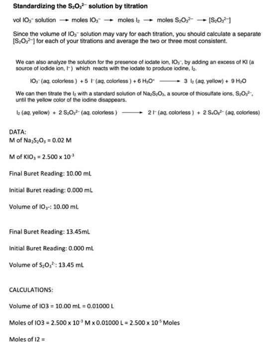 Solved Standardizing the S2O32− solution by titration vol | Chegg.com