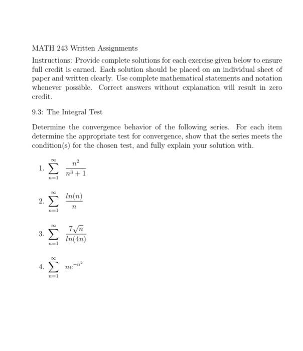 Solved MATH 243 Written Assignments Instructions: Provide | Chegg.com