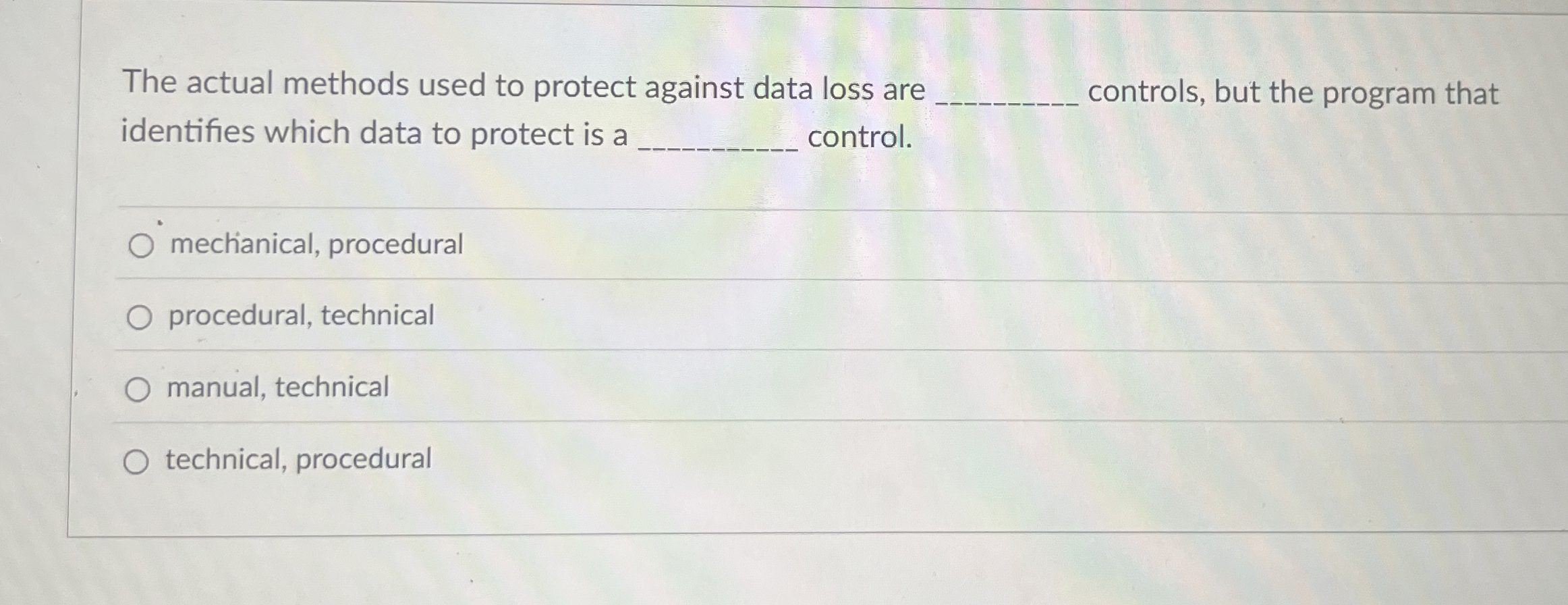 Solved The actual methods used to protect against data loss | Chegg.com