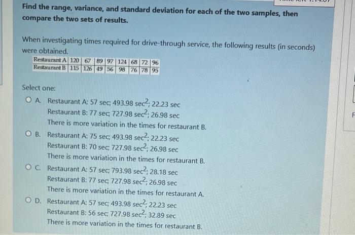 Solved Find the range, variance, and standard deviation for | Chegg.com