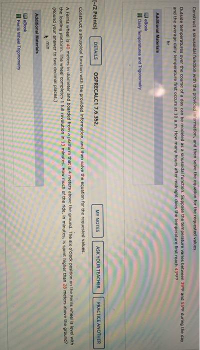 Solved Construct a sinusoidal function with the provided | Chegg.com