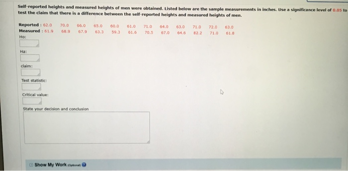 Solved Self-reported heights and measured heights of men | Chegg.com