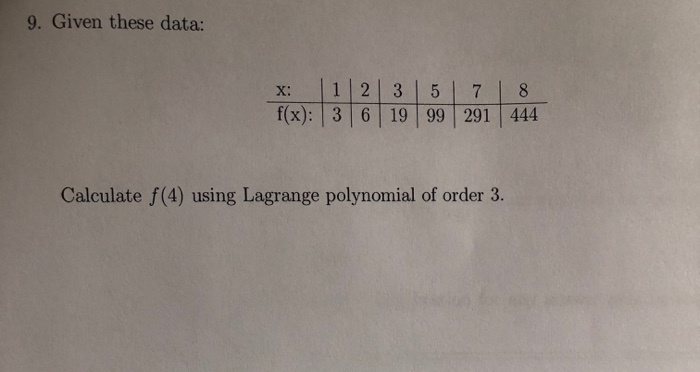 Solved 9. Given these data: x: 11/2|3 15 17 18 f(x): 3 6 19 | Chegg.com