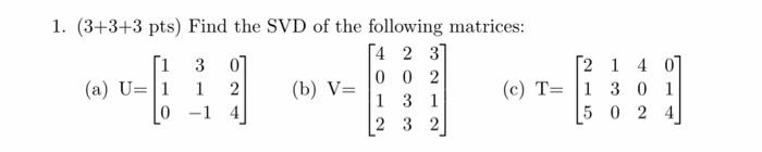 Solved 1. (3+3+3pts) Find the SVD of the following matrices: | Chegg.com