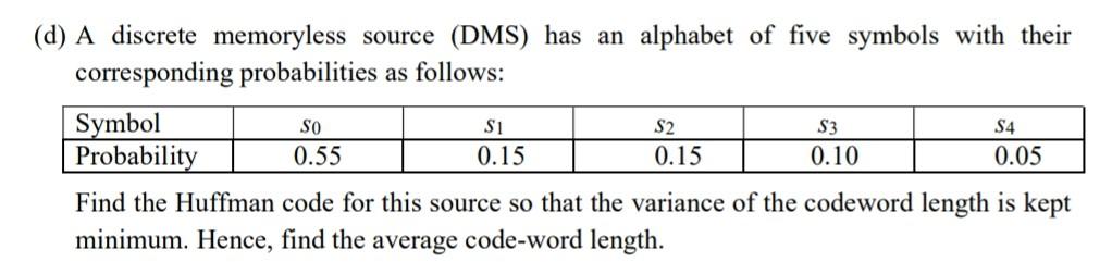 Solved SO S1 S2 S3 S4 (d) A discrete memoryless source (DMS) | Chegg.com