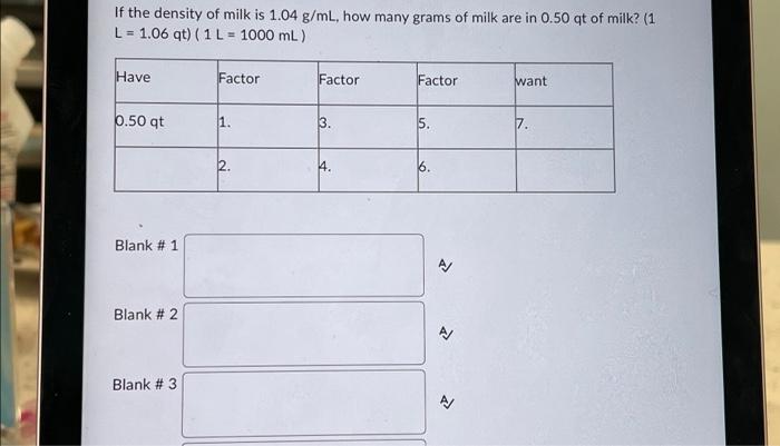 Solved If the density of milk is 1.04 g/mL, how many grams | Chegg.com