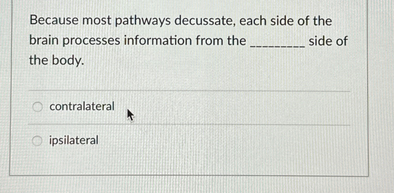 Solved Because most pathways decussate, each side of the | Chegg.com