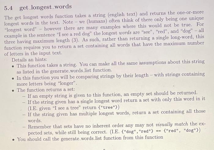 Solved 5.4 get_longest_words The get longest words function | Chegg.com