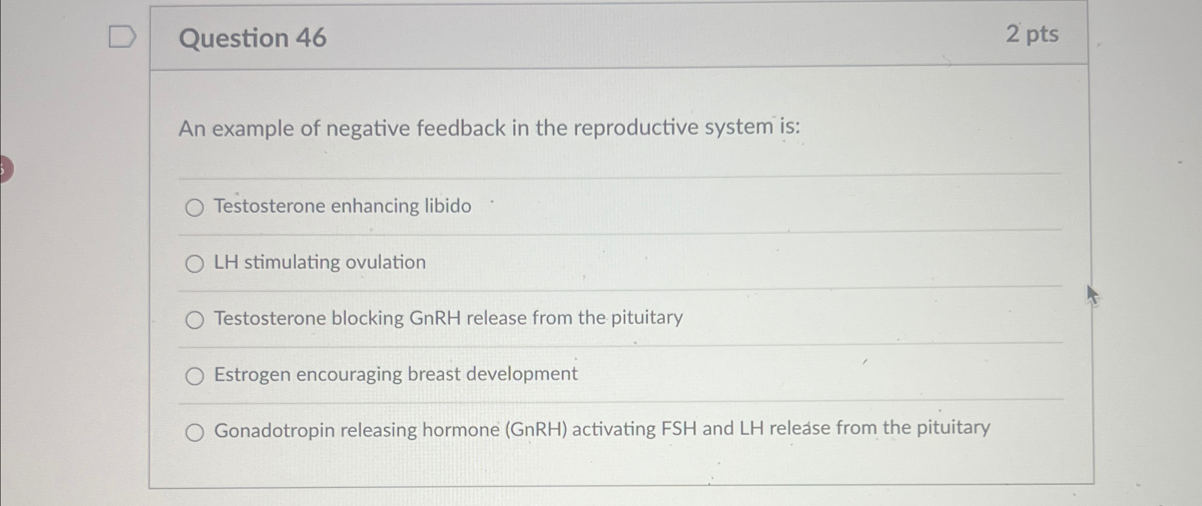 Solved Question 462 ﻿ptsAn example of negative feedback in | Chegg.com