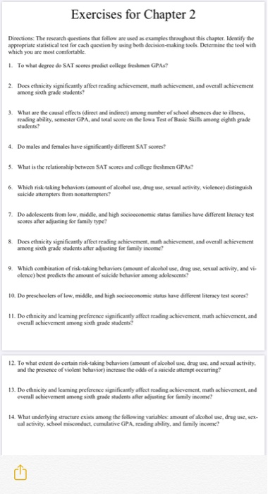 Exercises for Chapter 2 Directions: The research | Chegg.com