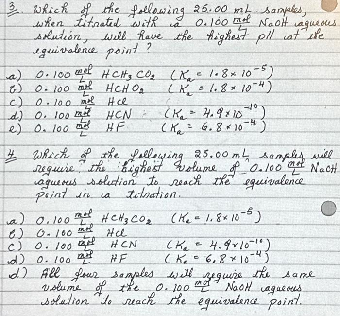 Solved 3. Which of the following 25.00 mL samples, when | Chegg.com
