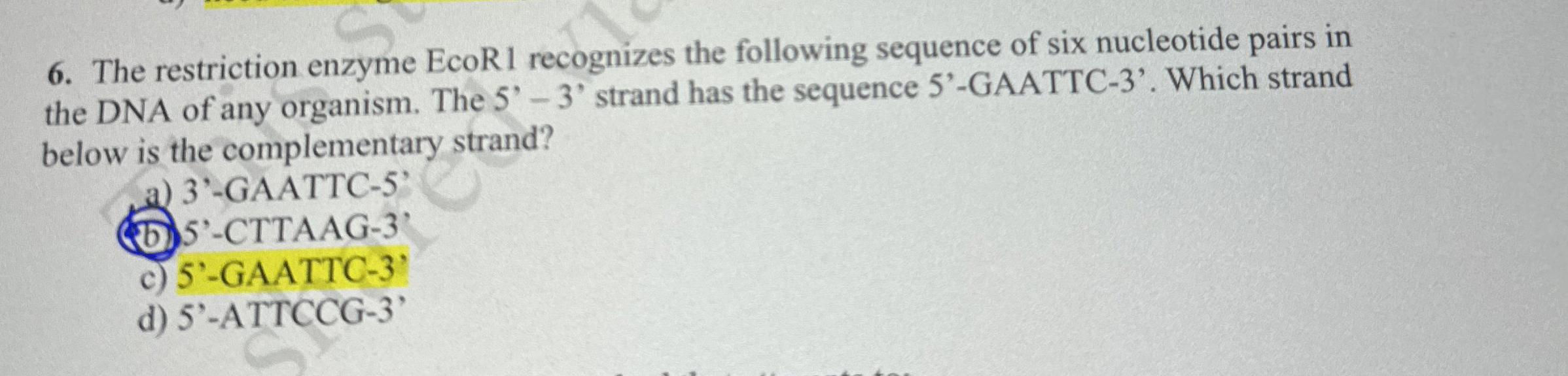 Solved The restriction enzyme EcoR1 ﻿recognizes the | Chegg.com