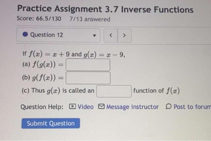 Solved Practice Assignment 3.7 Inverse Functions Score: | Chegg.com