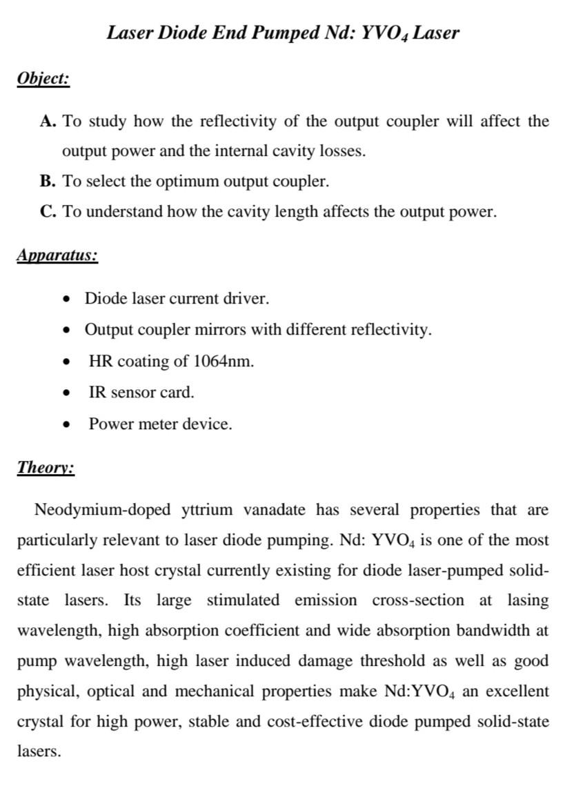 Solved Laser Diode End Pumped Nd: YVO 4 Laser Object: A. To | Chegg.com