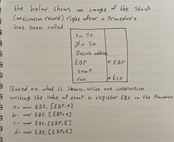 Solved the below shows an image of the stack (activation | Chegg.com