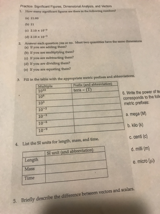 Solved Practice: Significant Figures, Dimensional Analysis, | Chegg.com