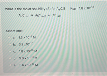 Solved What is the molar solubility ( ﻿S ) ﻿for AgCl | Chegg.com