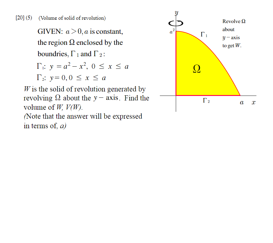 Solved [20] (5) (Volume of solid of revolution)GIVEN: a>0,a | Chegg.com