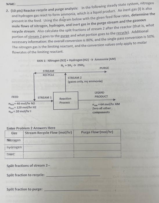 2. (10 pts) Reactor recycle and purge analysis: In | Chegg.com