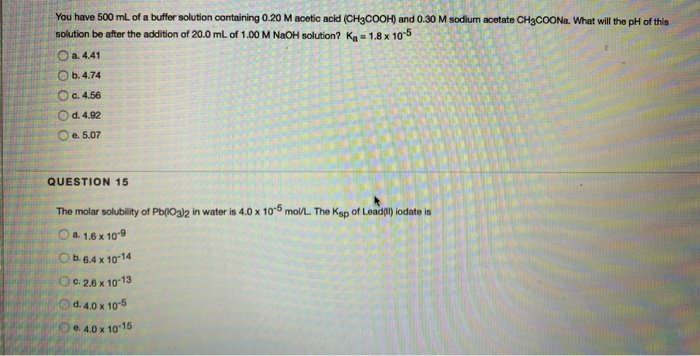 Solved You have 500 mL of a buffer solution containing 0.20 | Chegg.com