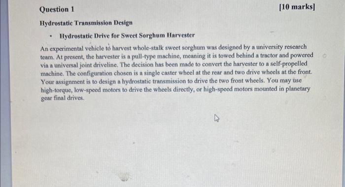 Solved Hydrostatic Transmission Design - Hydrostatic Drive | Chegg.com