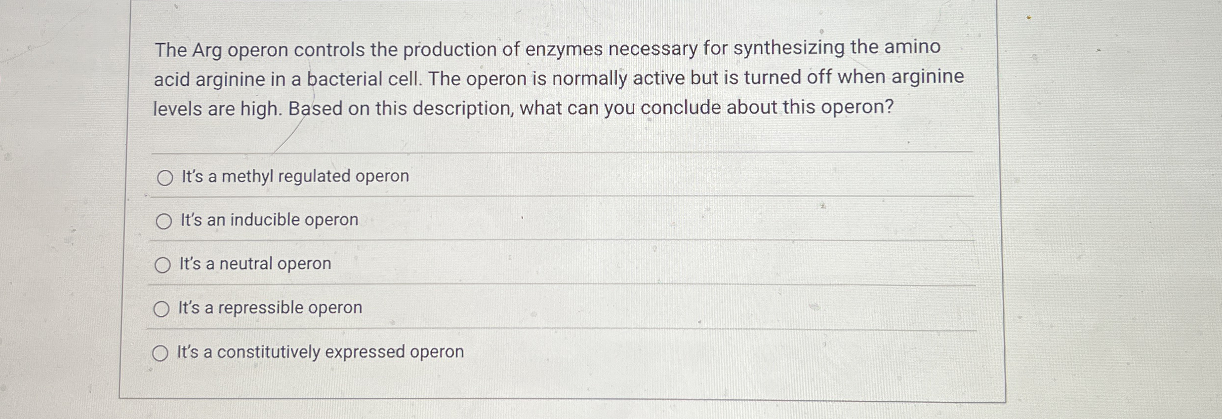 Solved The Arg operon controls the production of enzymes | Chegg.com