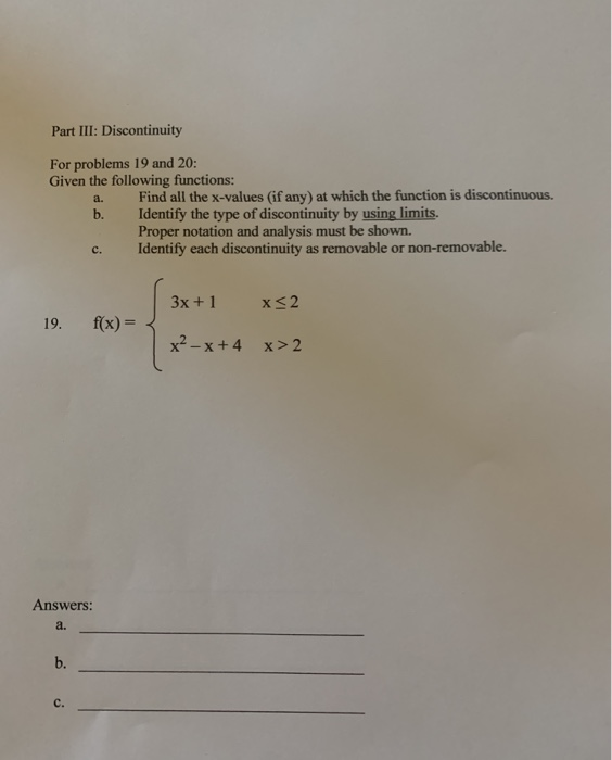 Solved Part III: Discontinuity For problems 19 and 20: Given | Chegg.com