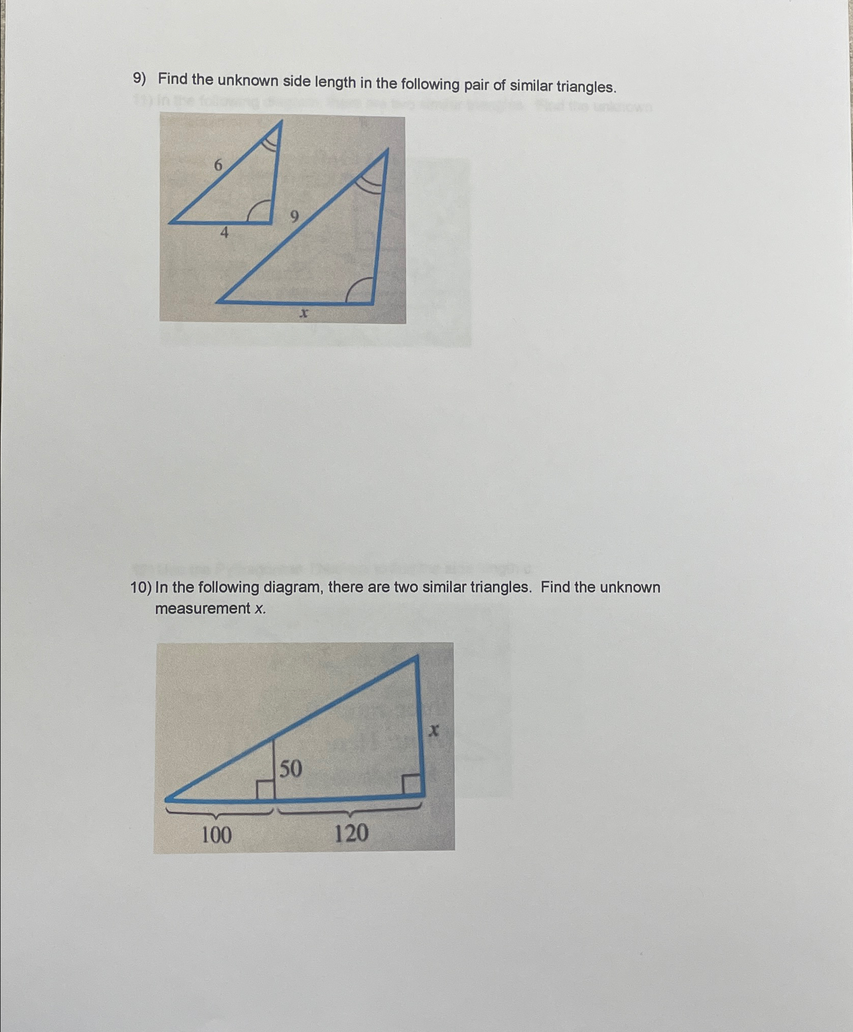 Solved Find the unknown side length in the following pair of | Chegg.com