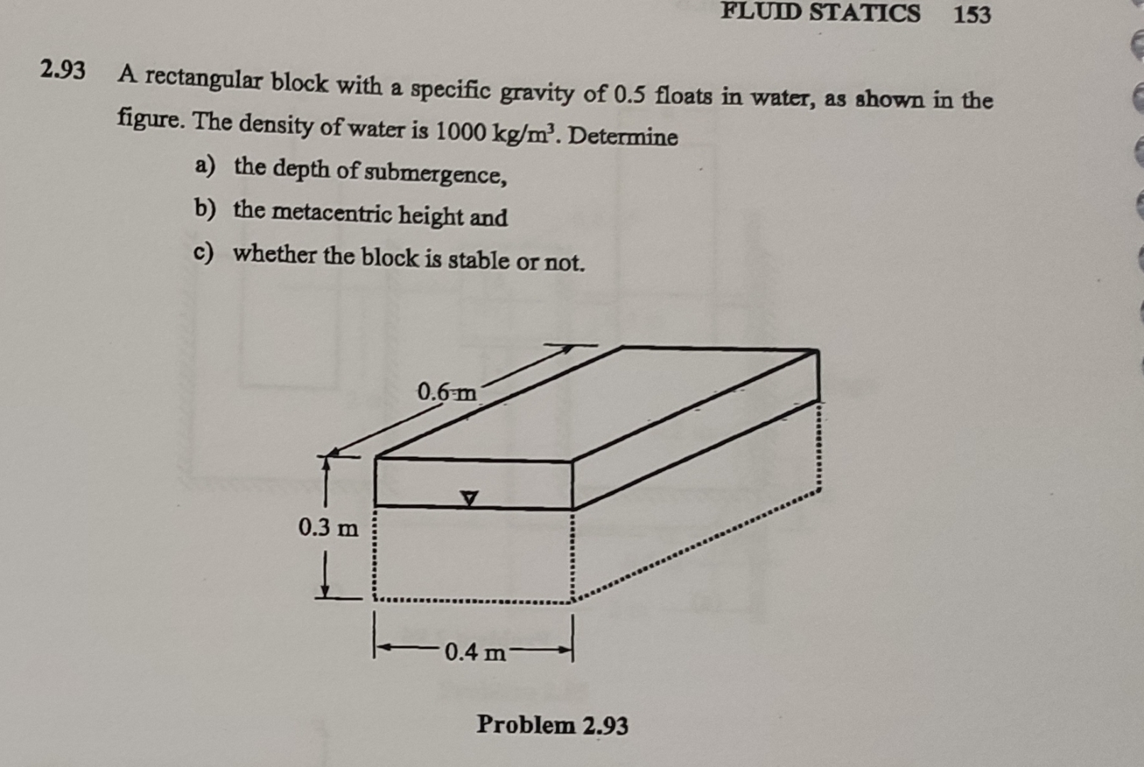 Solved FLUID STATICS 1532.93 ﻿A rectangular block with a | Chegg.com