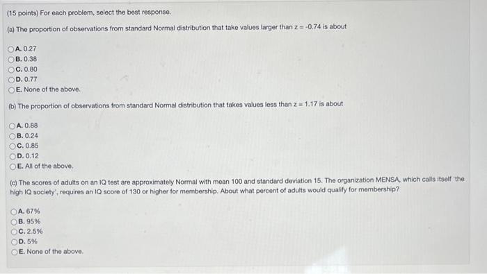 Solved (15 points) For each problem, select the best | Chegg.com