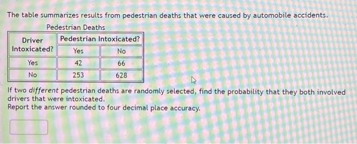 Solved The table summarizes results from pedestrian deaths | Chegg.com