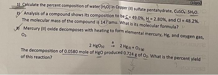 Solved 1) Calculate the percent composition of water (H2O) | Chegg.com