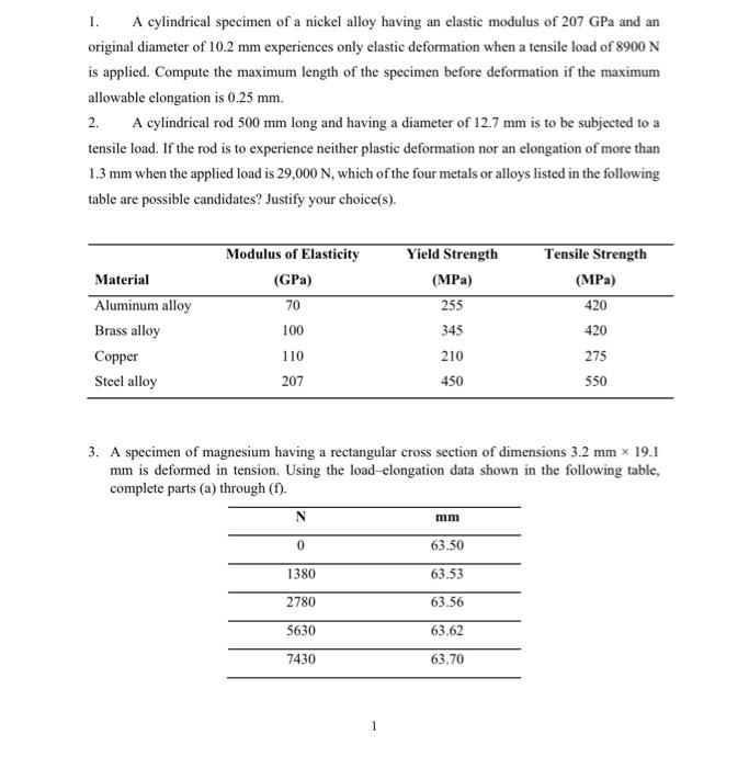 Solved 1. A cylindrical specimen of a nickel alloy having an | Chegg.com